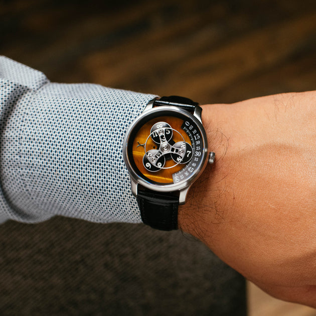Triptych Automatic Wandering Hour Stone Edition Tigerseye | Xeric.com ...