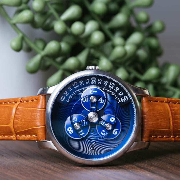 Triptych Automatic Wandering Hour Tan Blue | Xeric.com – Xeric Watches